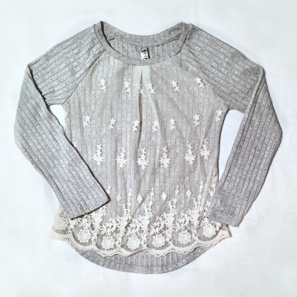 Beautees | Shirts & Tops | Grey Long Sleeve With Sheer Lace Overlay ...